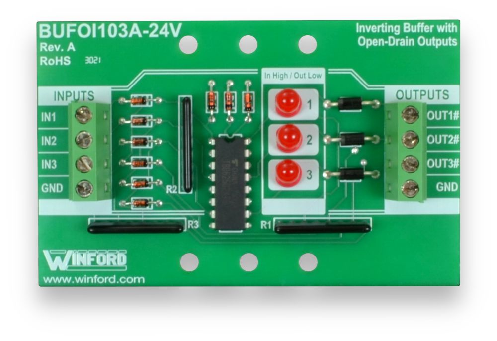 Buffer, Inverting, 24V Inputs to Open-Drain Outputs, 3 Channels - Winford Engineering