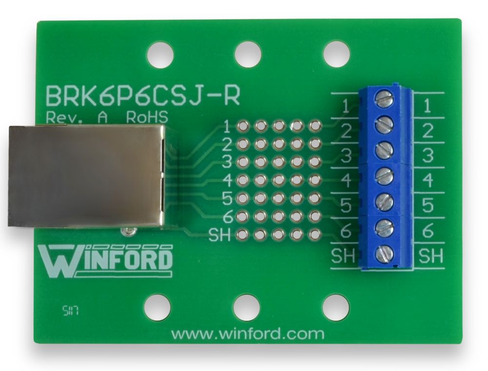 RJ11/RJ12 6P6C Shielded Jack Breakout Board with Screw Terminals - Winford Engineering