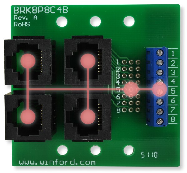 RJ45 8P8C 4-Way Modular Jack Breakout/Buss Board with Screw Terminals ...
