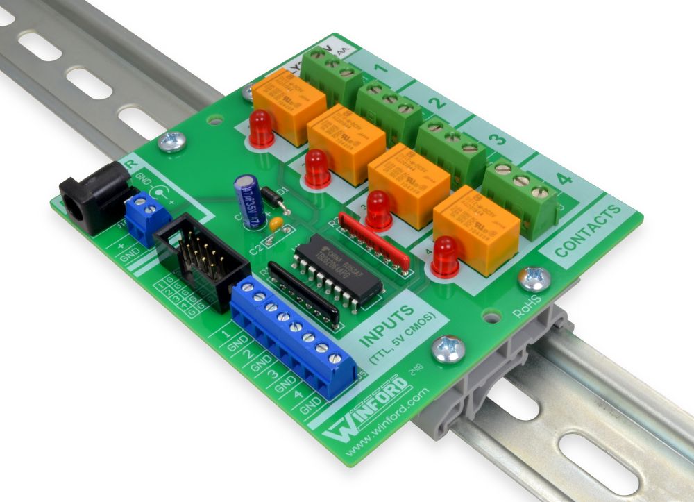 Relay Board: TTL Logic Level Inputs, 4 SPDT 2A Relays - Winford Engineering