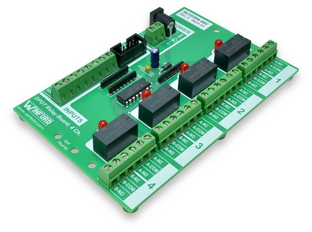 Relay Board: TTL Logic Level Inputs, 4 DPDT 2A Relays - Winford Engineering