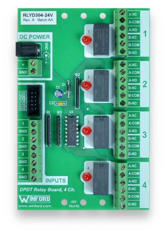 Relay Board: TTL Logic Level Inputs, 4 DPDT 2A Relays - Winford Engineering